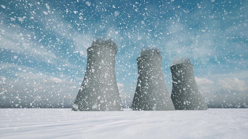 Nuclear Power Plant in Winter Snow Fall Atomic Energy Sunny Day 3d ...