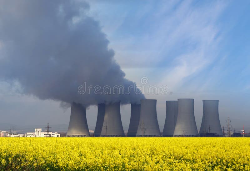 Nuclear Power Plant with Yellow Field and Clouds. Stock Photo - Image ...