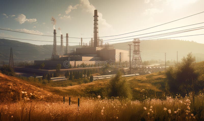 Nuclear Power Plant with Yellow Spikelet Field and Blue Clouds Made ...