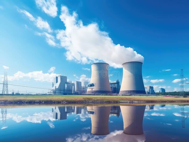 Nuclear Power Station with Blue Sky and Reflection Stock Illustration ...