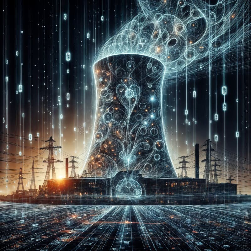 Nuclear Power Station with High Voltage Towers and Binary Code on the ...