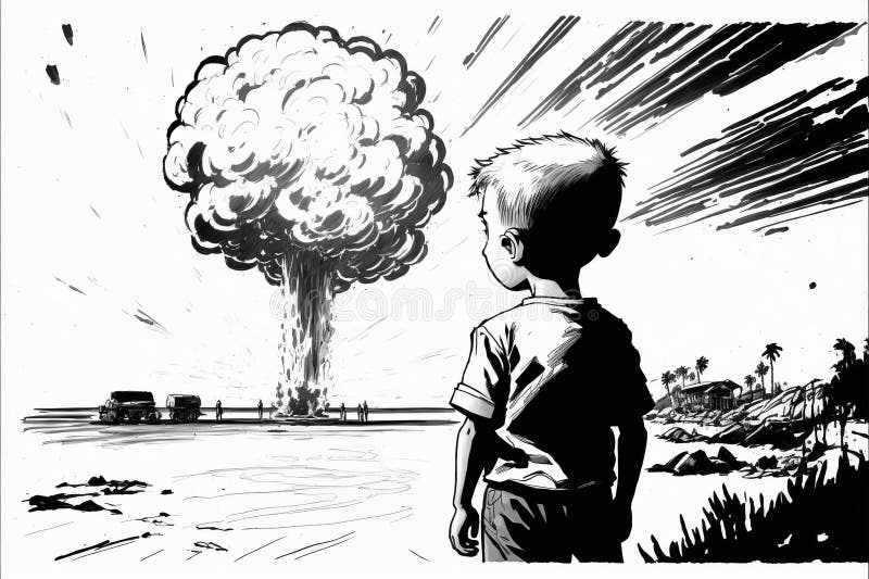Child Looking on Giant Mushroom Cloud of Atomic Explosion. Created with ...