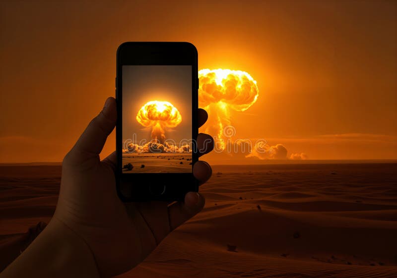 Nuclear Warning, Smartphone Displaying a Dramatic Nuclear Explosion ...
