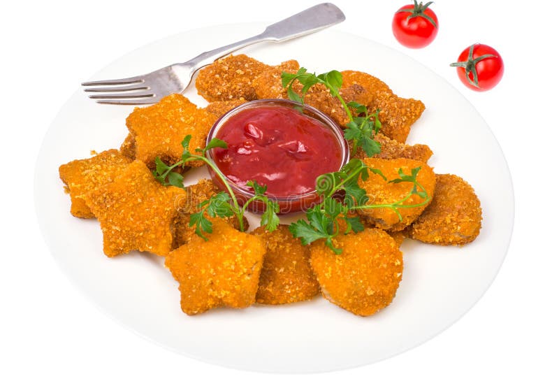 Nuggets of Different Shapes with Ketchup on White Background Stock ...