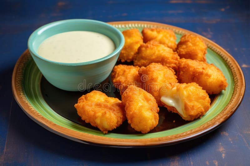 Nuggets with a Dollop of Mayo on a Teal Plate Stock Image - Image of ...