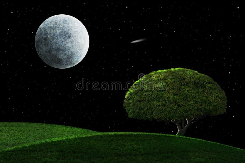 Nuit De Clair De Lune Avec L'arbre Solitaire Photo stock - Image du ...