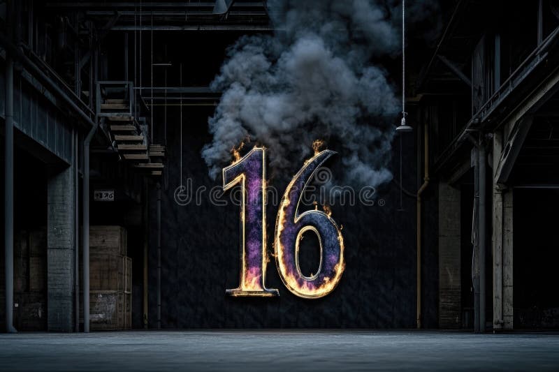 Number 16 Ablaze with Fire and Smoke in Industrial Warehouse Setting ...