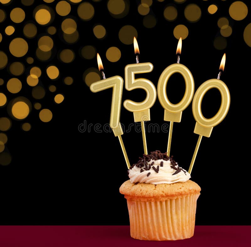 Number 7500 Birthday Candle - Cupcake on Black Background with Out of ...
