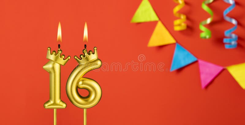 Number 16 Birthday Candle on an Orange Background with Pennants Stock ...