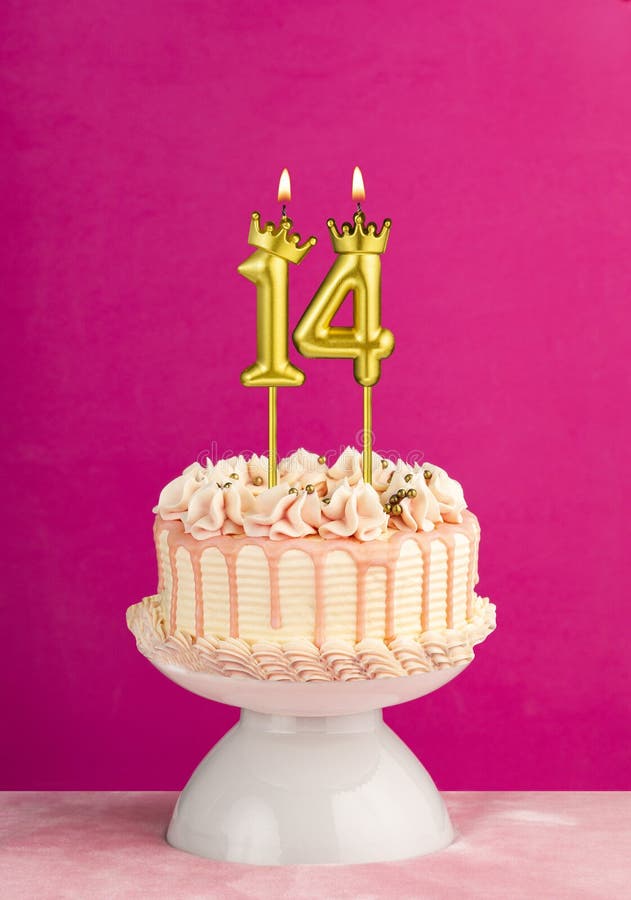 Number 14 Birthday Candle - Pink Celebration Cake with Drip Icing Stock ...