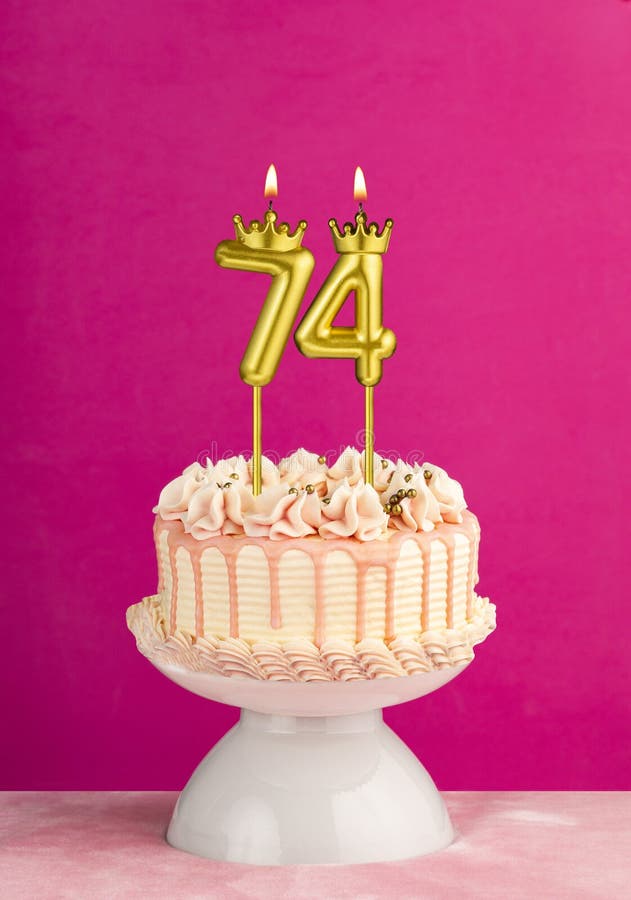 Number 74 Birthday Candle - Pink Celebration Cake with Drip Icing Stock ...