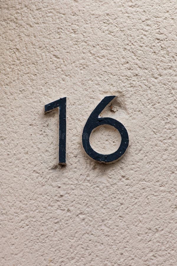 Number 16 Black House Number on White Wall Stock Photo - Image of brick ...