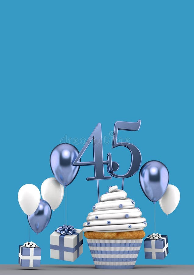 Number 45 Blue Birthday Cupcake with Balloons and Gifts. 3D Render ...