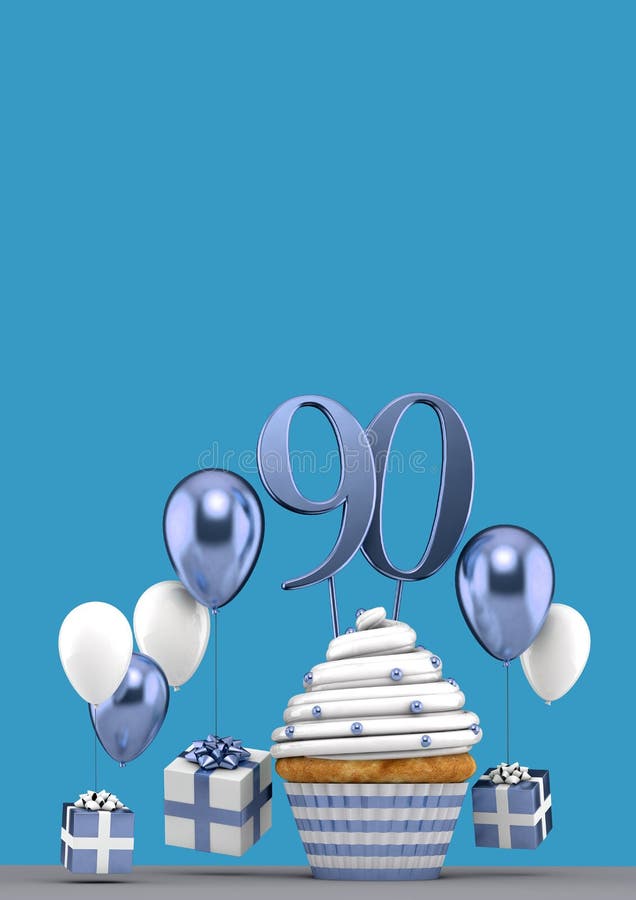 Number 90 Blue Birthday Cupcake with Balloons and Gifts. 3D Render ...