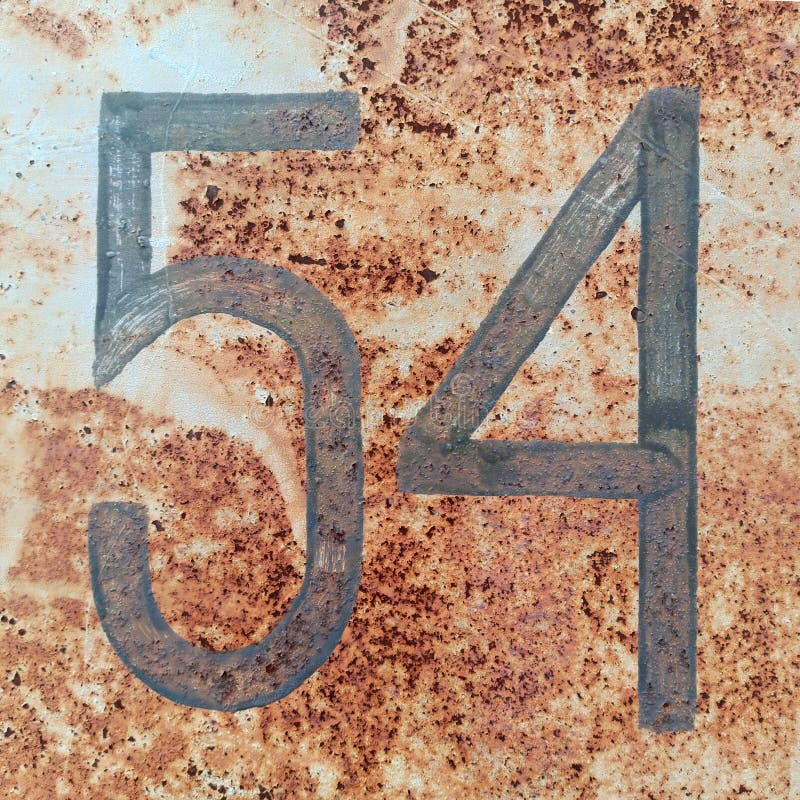 Number 54 Blue Stencil Digit Painted on Rusty Weathered Gray Metal ...
