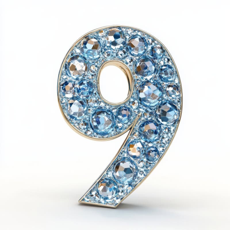 Number 9 Blue Topaz Jewel, 3D Render, Gold Frame, Luxury, Gemstone ...