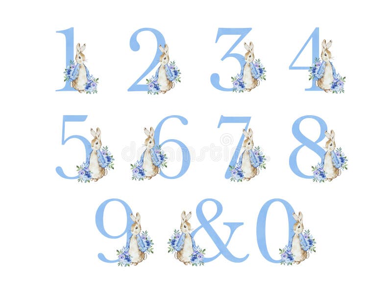 Number Blue With Watercolor Cute Rabbit With Flowers Stock Vector