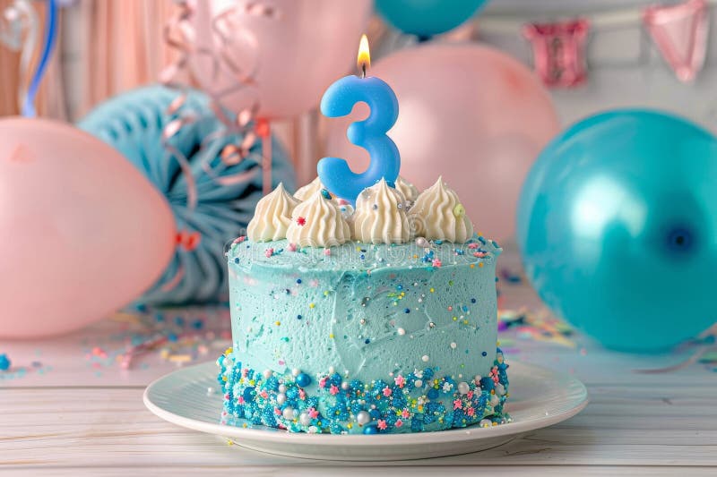 Number 3 Candle on Cake with Balloons and Decorations for Third Year ...