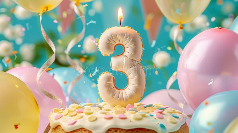 Number 3 Candle on Festive Cake with Balloons and Banner for Third Year ...