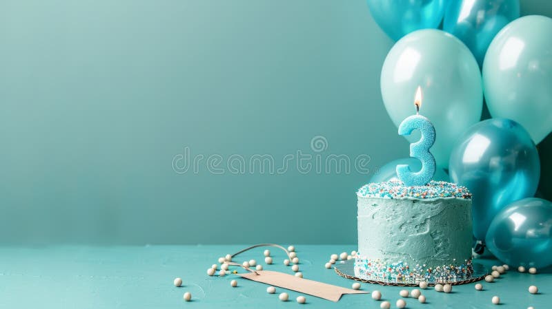 Number 3 Candle on Festive Cake with Balloons and Banner for Third Year ...