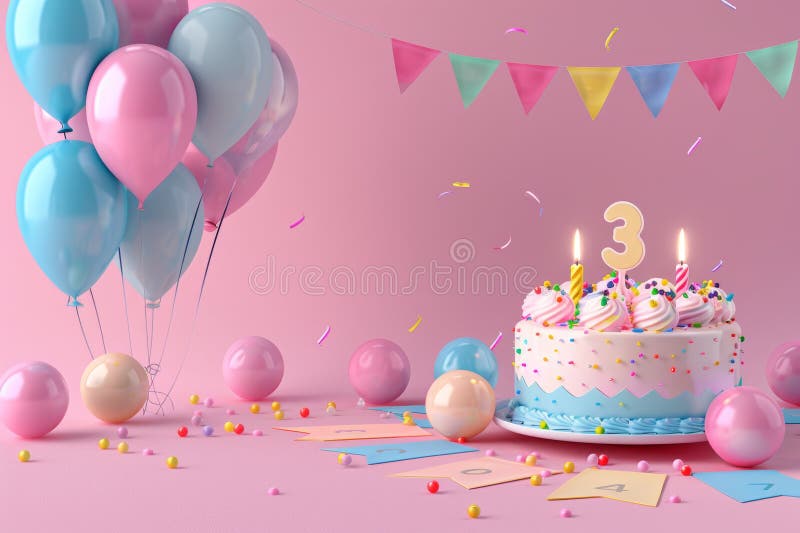 Number 3 Candle on Festive Cake with Balloons and Banner for Third Year ...