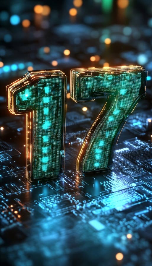 Number 17 on Circuit Board Futuristic Technology, Digital Celebration ...