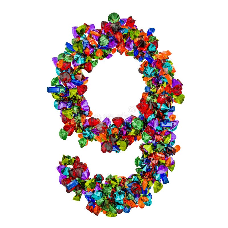 Number 9 from Colored Gemstones. 3D Rendering Stock Illustration ...