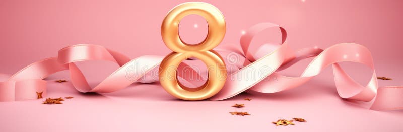 A Number 8 with Confetti and Pink Ribbons on a Pink Background Stock ...