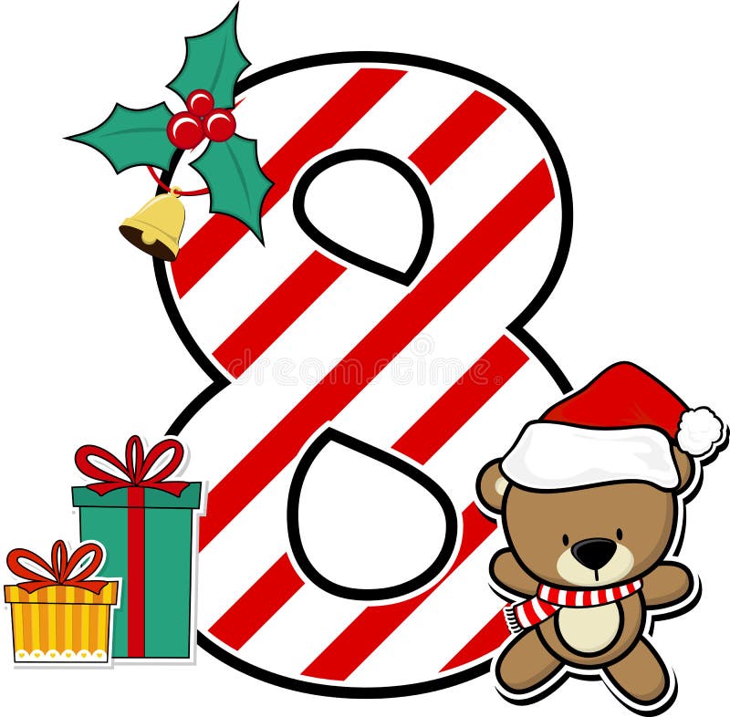 Number 8 with Cute Teddy Bear and Christmas Design Elements Stock ...