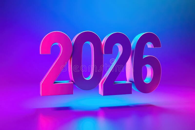 2026 Number in 3 D with Neon Gradient Lighting on Blue Purple ...