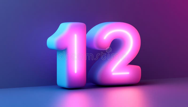 Number 12, 3D Neon Sign on a Gradient Background with Reflection ...