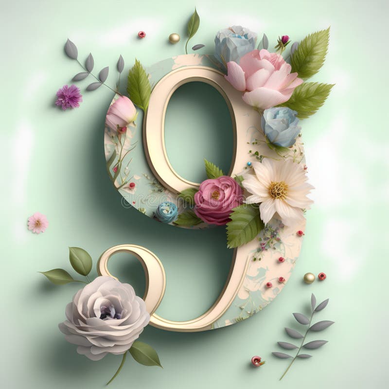 Number 9 Decorated with Flowers and Leaves in Pastel Colors. 3d Render ...