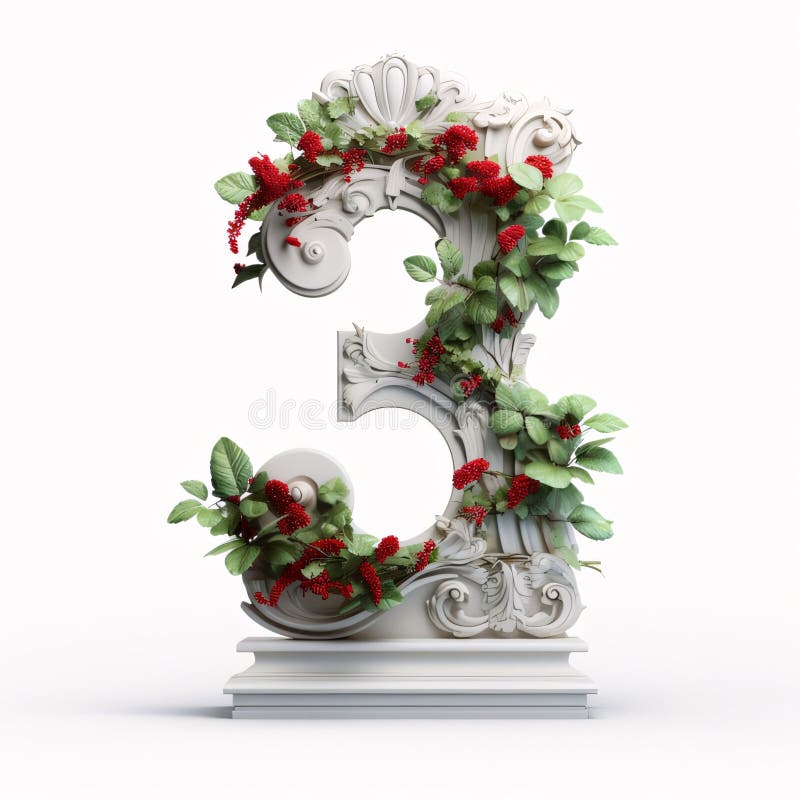 Number 3 Decorated with Flowers and Leaves on a White Background. 3d ...