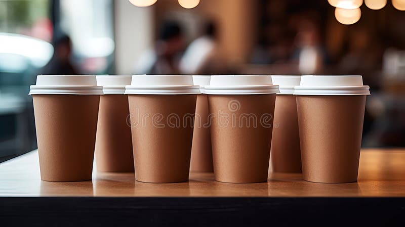 A Number of Disposable Cups with Coffee on a Stand for Issuing Orders ...
