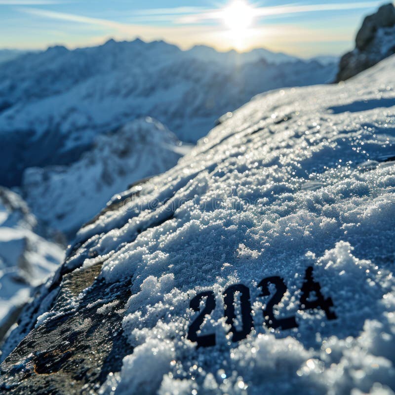 Number 2024 Drawn on the Snow on the Beautiful Mountines View with Blue ...