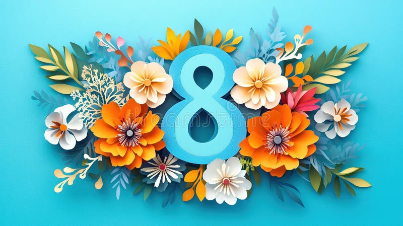 Number Eight Decorated with Colorful Paper Flowers Stock Illustration ...
