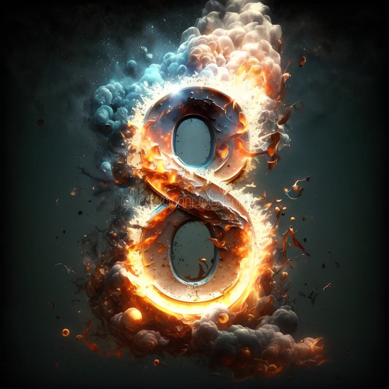 Number Eight in Fire Flames with Smoke and Fire Particles on Dark ...