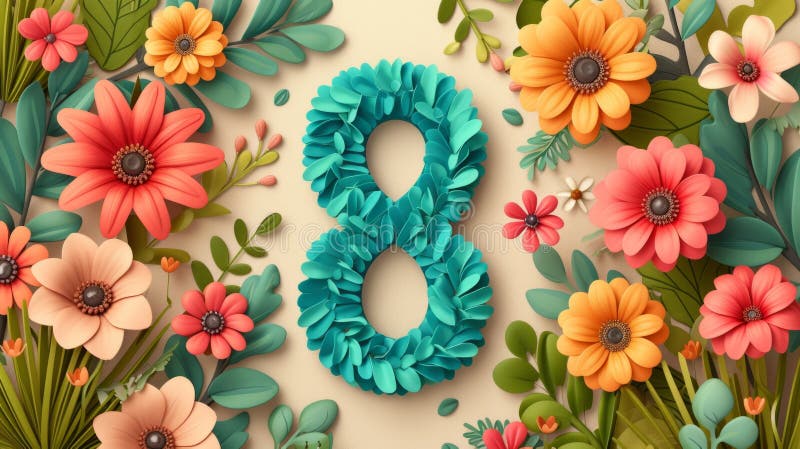 A Number Eight Made of Flowers and Leaves, AI Stock Image - Image of ...