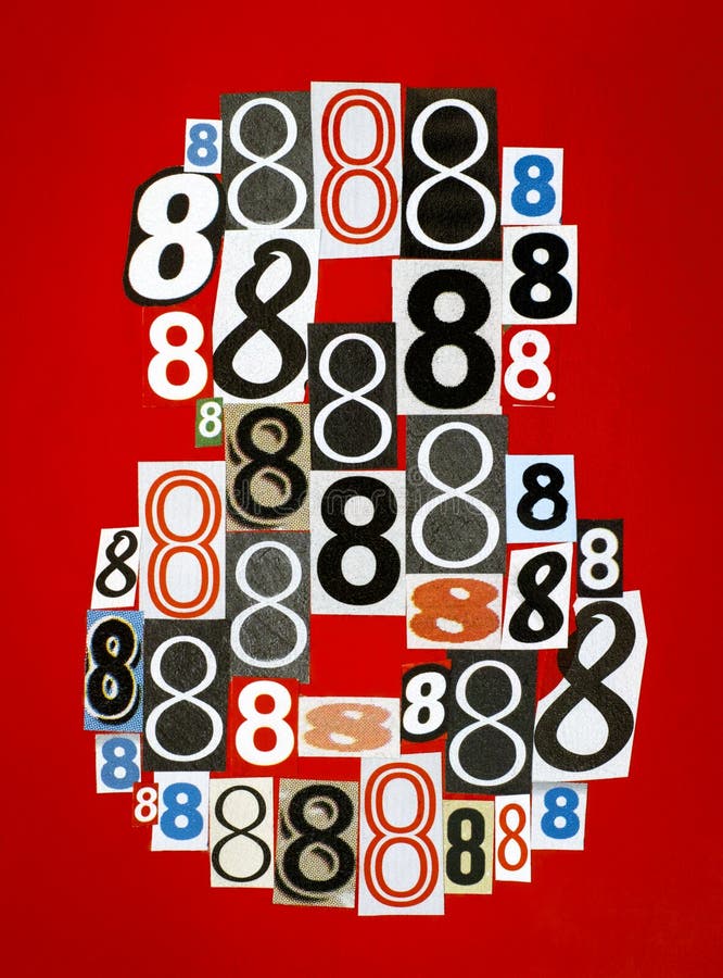 Number Eight Made from Numbers Cutting from Magazines on Red Background ...