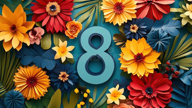 Number Eight Surrounded by Colorful Paper Flowers. (1 Stock Photo ...