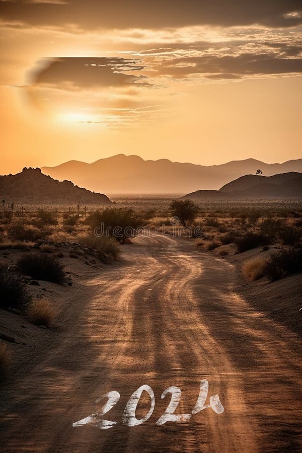 Number 2024 on Empty Road in the Desert with Mountains in the ...