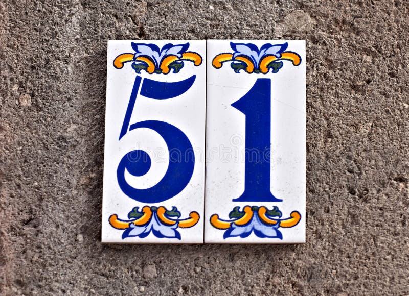 Number 51, Fifty-one, Blue Floral Tiles on a Wall. Stock Image - Image ...