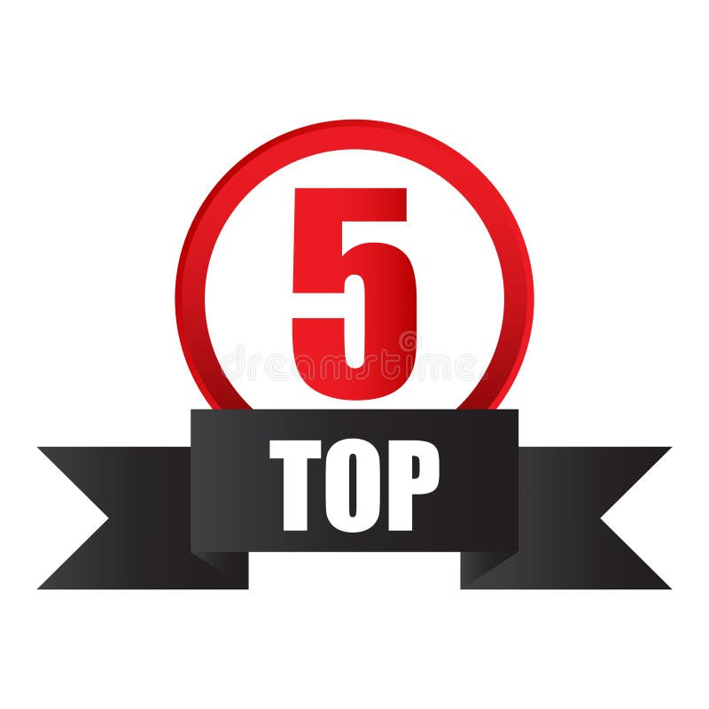 Number Five Circle. Bold 5 in Red. Top Text with Ribbon. Victory Symbol ...