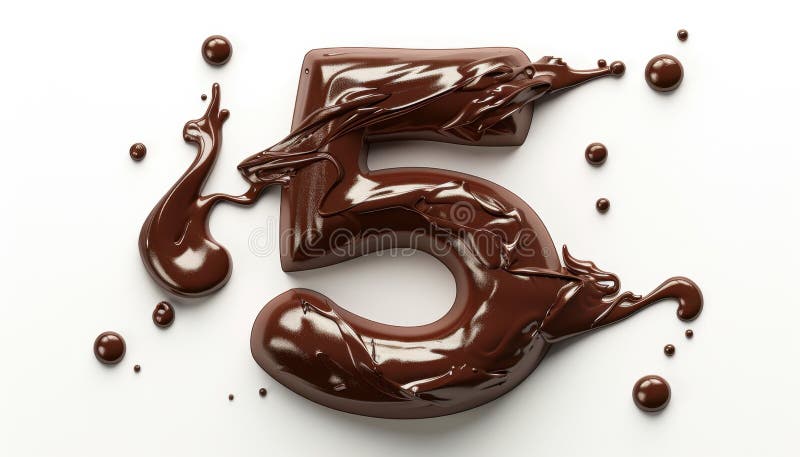 Chocolate Number Five with Melted Chocolate Splashes on a White ...