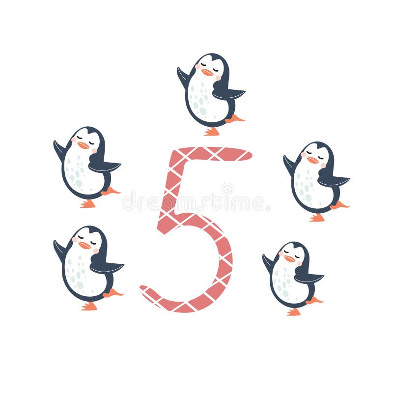 Number Five and Cute Cartoon Penguins. Counting Training Stock Vector ...