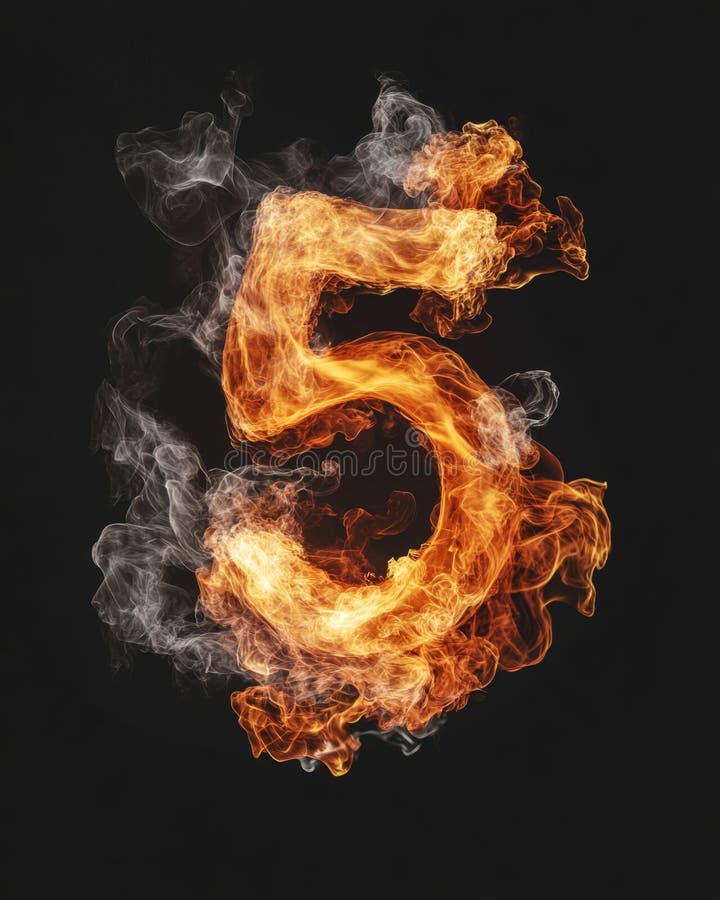 Number Five, Designed with Flames on a Black Background, Creates a ...