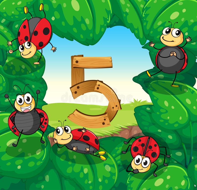 Number Five with Five Ladybugs on Leaves Stock Vector - Illustration of ...