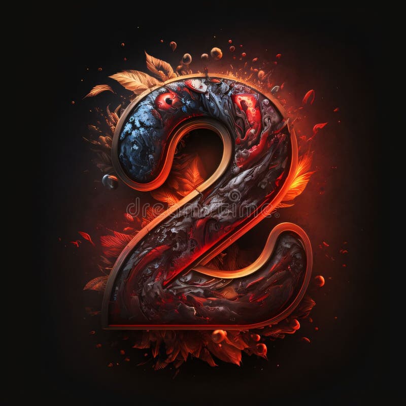 Number 2 with Flames and Smoke Isolated on Black Background. 3d ...