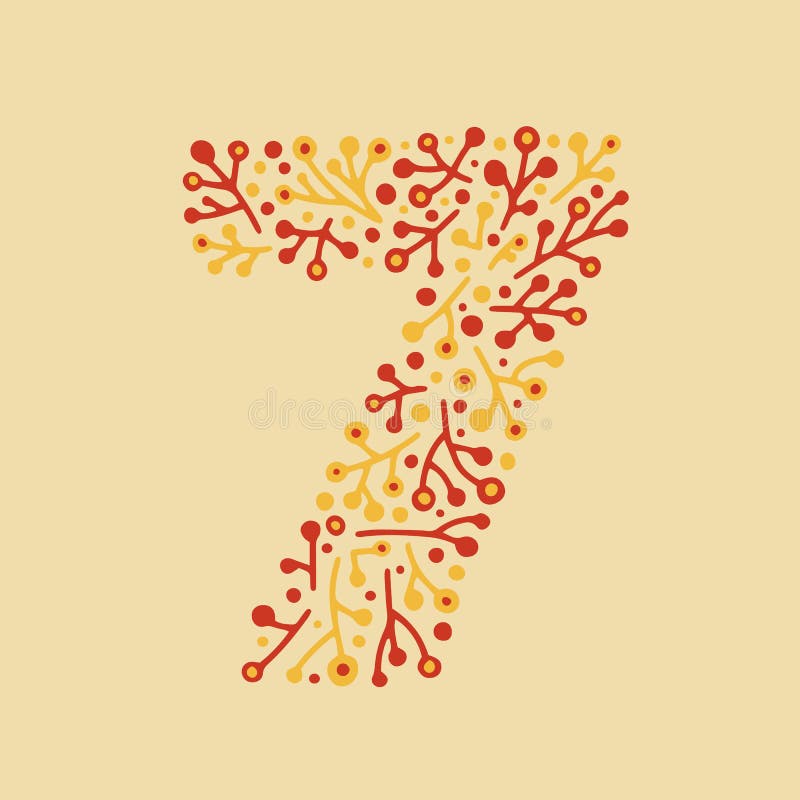 Number 7, Folk Floral Number with Leaves and Branches, Hand Drawn ...