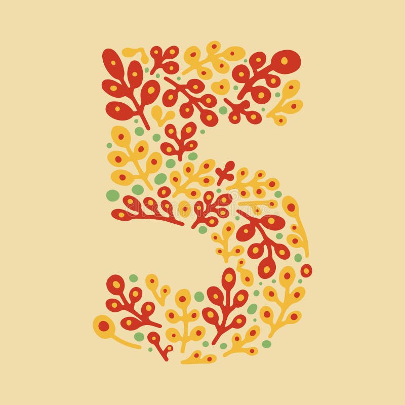 Number 5, Folk Floral Number with Leaves and Branches, Hand Drawn ...